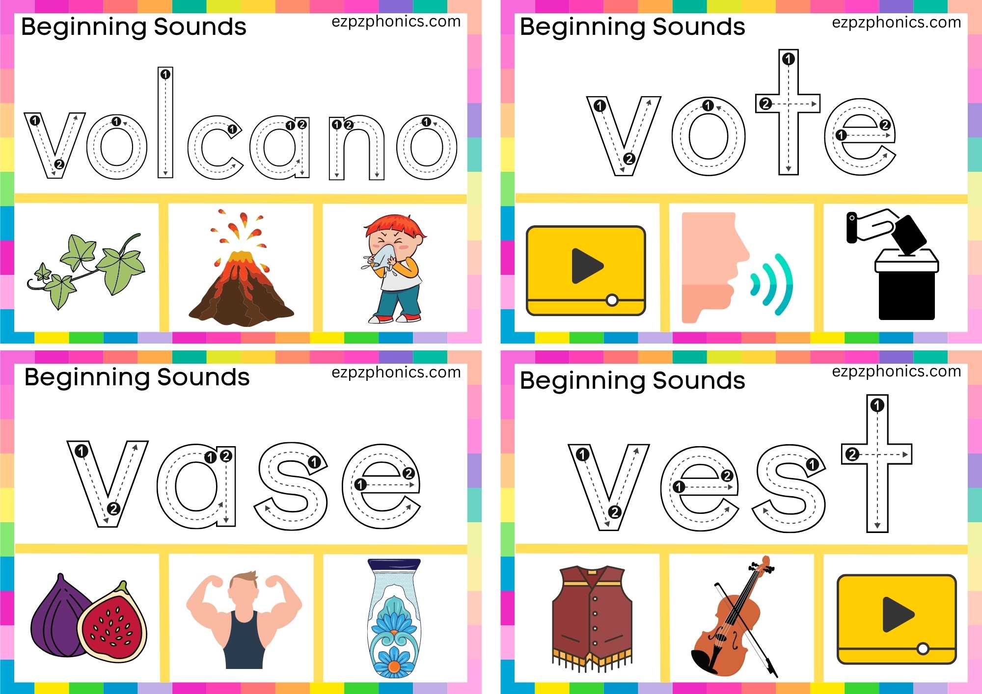 11 V Beginning Sound Clip Cards - ezpzphonics.com